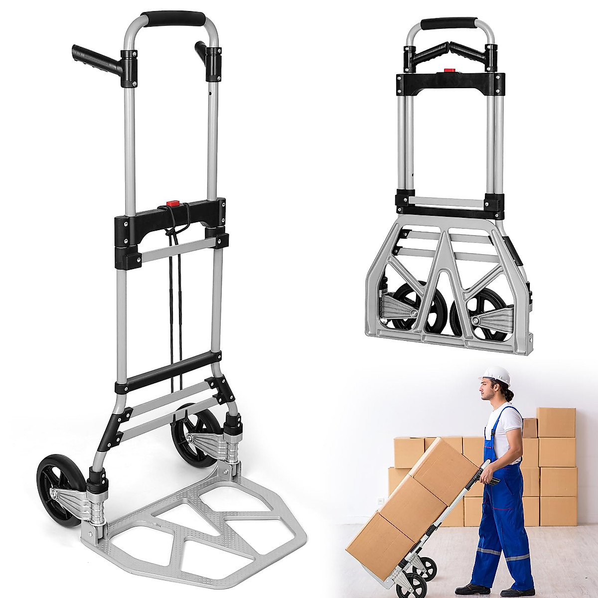 Dolly Cart Folding Hand Truck Dolly 309 lb Capacity Aluminum Heavy Duty Hand Cart with Swivel Handle and 7 inch Rubber All Terrain Silent Large Wheels, Portable Foldable Cart for Moving Heavy Item