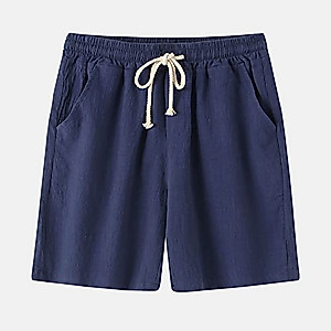 Linen Shorts Men's Classic-Fit Drawstring Elastic Waist Pleat Front Shorts with Pocket, 5/7 Inch Inseam, Navy XL