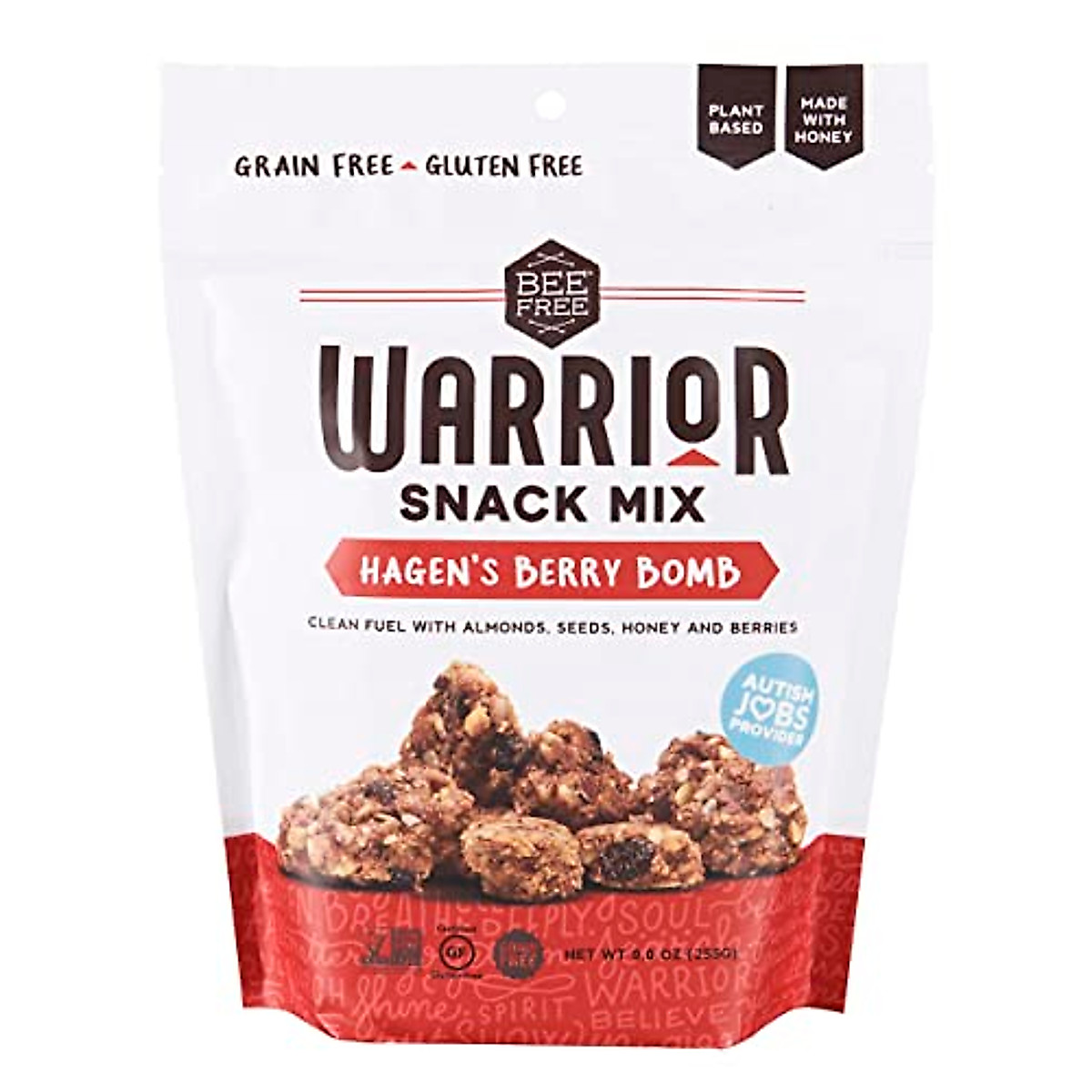BeeFree Warrior Mix Gluten Free Granola - Soft Chunky Granola Bites | Paleo Granola, Low Carb, Grain Free, Preservative Free, Oat Free | Granola for Yogurt, Low Calorie Snacks | Hagen’s Berry Bomb, 9 Ounce Bag
