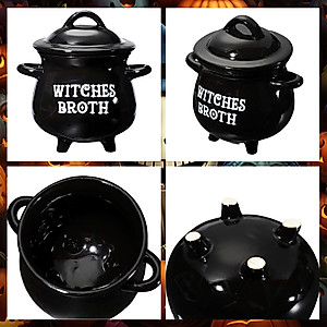 Bokon 4 Sets Witches Broth Cauldron with Broom Spoon 22 oz Ceramic Bowl Cauldron Pot for Soup Serving Halloween Kitchen Decorations