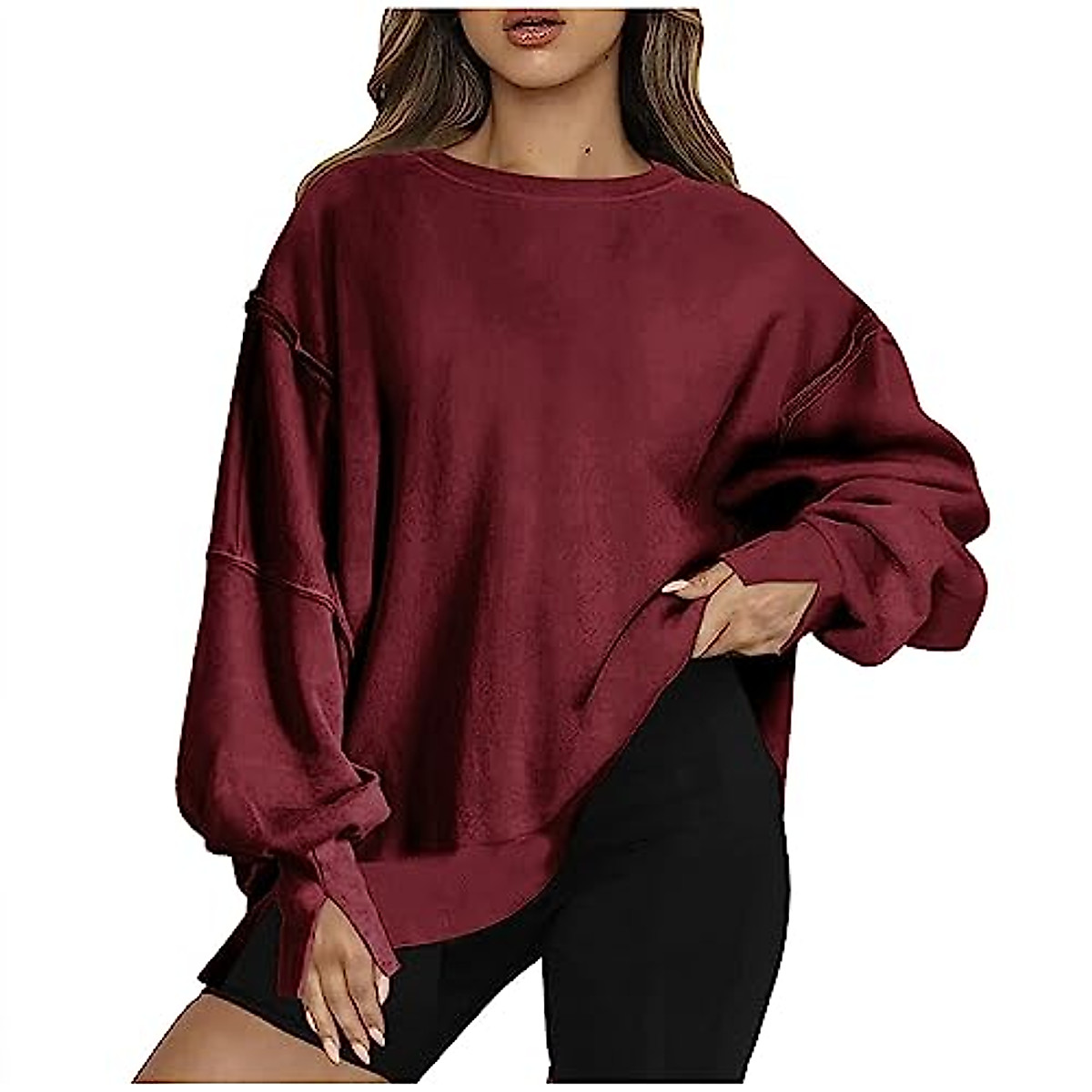 Ceboyel Women Oversized Sweatshirts Loose Fit Corded Sweatshirt Hoodie Crewneck Tunic Pullover Trendy Fall Clothes 2023 Today'S Deals Wine Xl