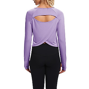 Bestisun Women Athletic Workout Dry Fit Long Sleeve Open Back Workout Shirts Yoga Top Gym Shirt Cropped Sweaters Light Purple M