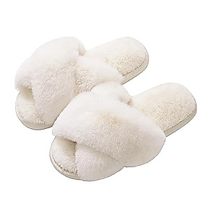 Evshine Women's Fuzzy Slippers Cross Band Memory Foam House Slippers Open Toe Indoor Outdoor Shoes, Beige, Size 7-8
