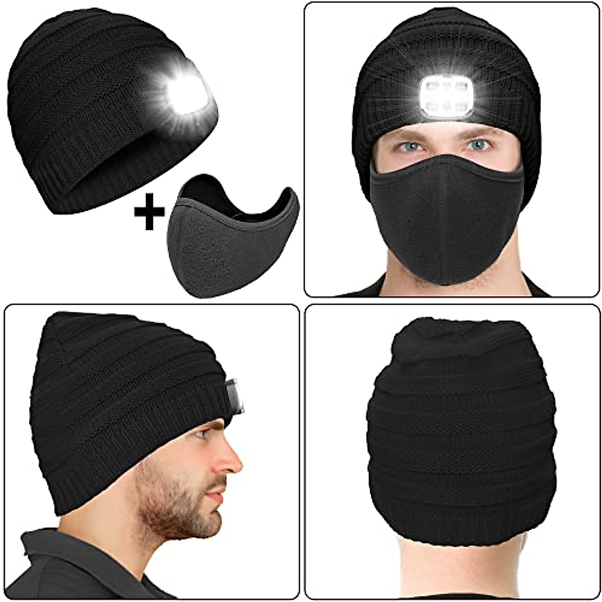 Beanie Winter Hat with Light LED Unique Christmas Hunting Gifts Stocking Stuffers for Men Women Teen Adult Her Black