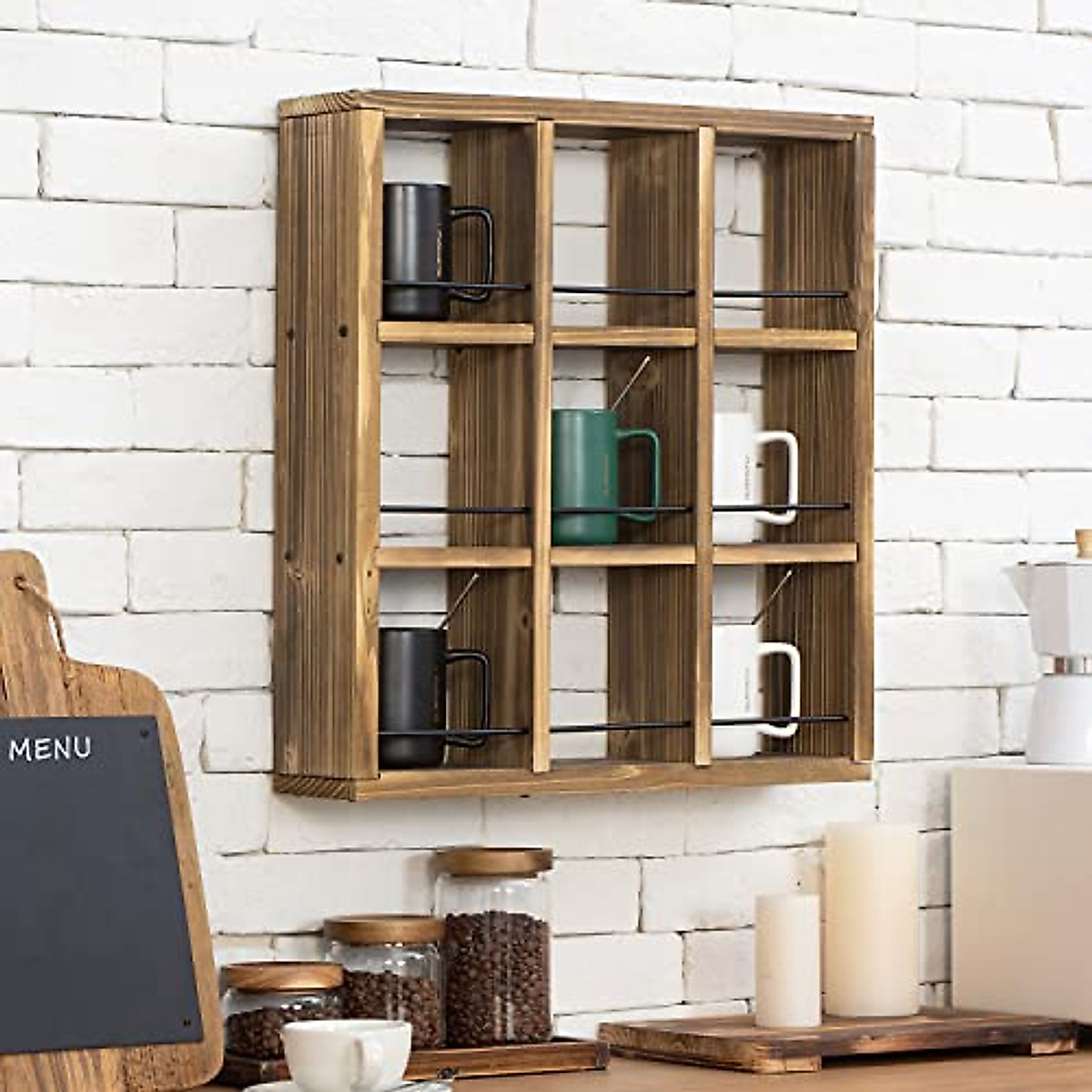 MyGift Wall Mounted Coffee Mug Display Rack, Rustic Burnt Wood Collectible Travel Mug Cup Holder Shadow Box Shelf