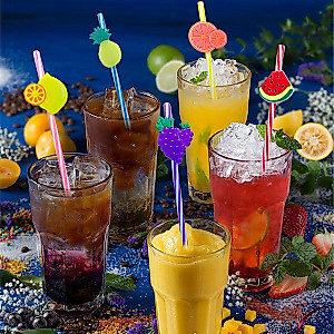 Honest ECO Replacement Disposable Plastic straws for Kids Party DIY Decoration Daily Drinking Straws (24 straws+12 plastic fruits+2 cleaning brush)