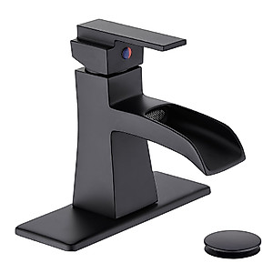 Sanliv Black Waterfall Bathroom Faucet, One-Handle Bathroom Faucets for Sink 1 or 3 Hole, Matte Black Vanity Faucet, Single Hole Restroom Sink Faucet with Pop Up Drain