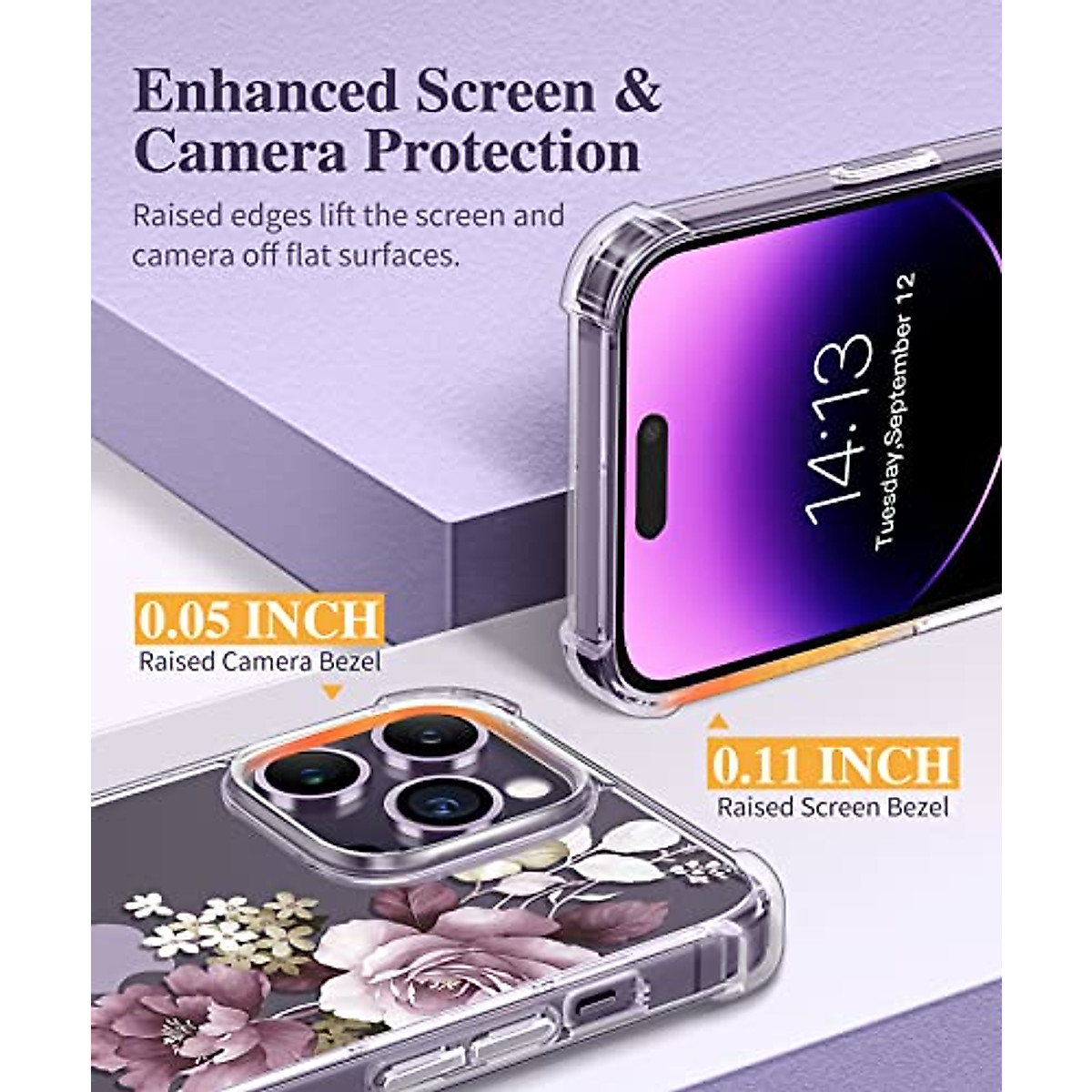GVIEWIN Compatible with iPhone 14 Pro Case with Screen Protector & Camera Lens Protector, Floral Slim Shockproof Protective Hard PC+TPU Bumper Flower Women Cover, 6.1" 2022(Cherry Blossoms/Purple)