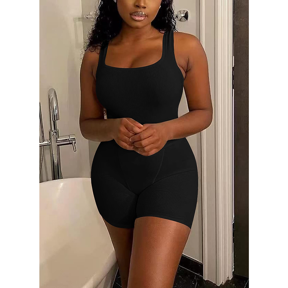 Ribbed 2 Piece Set for Women Sleeveless Crop Tank Top High Waist Shorts Casual Yoga Lounge Sets Black S