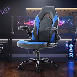 NEWBULIG Ergonomic Computer Gaming Chair with Adjustable High Backrest,Flip-up Armrests and Lumbar Support,PU Leather, Blue