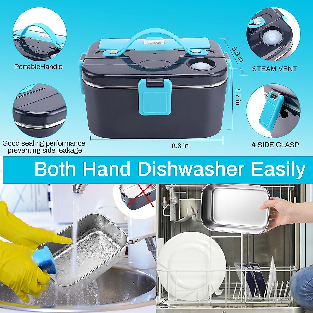 Buddew Electric Lunch Box 80W Food Heater Upgrade 3 in 1 Car/Truck/Home Portable Food Warmer 1.8L High-Capacity Heated Lunch Box with Airtight Lid, SS Container, Fork Spoon, Carry Bag