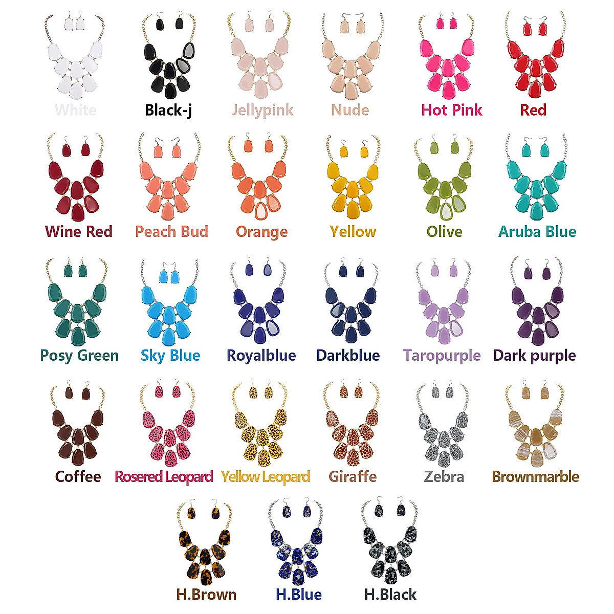 Firstmeet Statement Bubble Chunky Pendant Necklace with Earrings(XL-1123-Hot Pink)