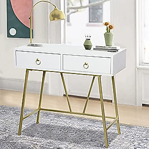 Anmytek Modern Home Office Desk, 35.4 Inch Makeup Vanity Table White Study Desk 2 Drawers Writing Desk Computer Desk with Golden Legs, D0002