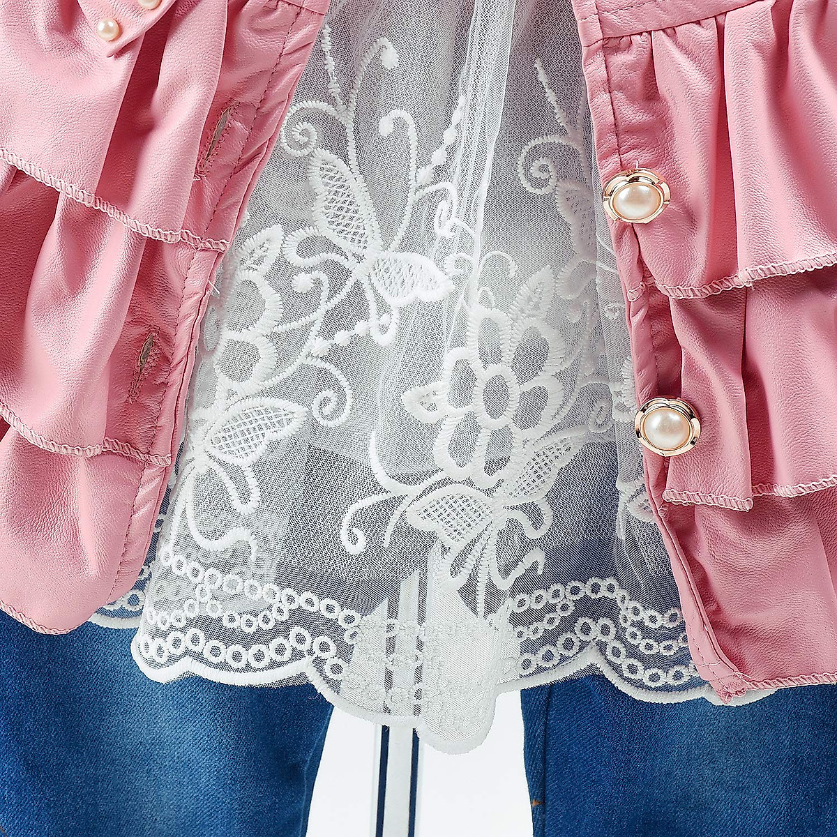 Peacolate 6M-4Y Baby Little Girls 3pcs Outfits Leather Hoodie Jacket Lace T-Shirt Denim Jeans(6-12M,Pink)