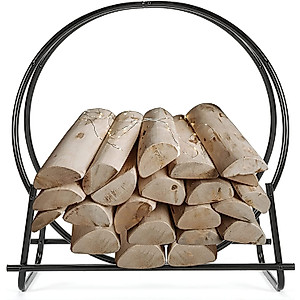 HECASA 30 Inch Firewood Log Hoop Curved Fireplace Wood Storage Holder Heavy Duty Wood Stove Accessories for Outdoor Indoor Black