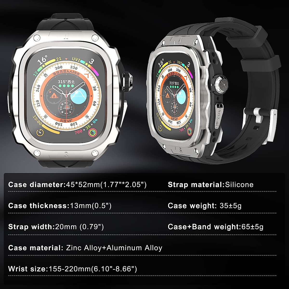 Luxury Metal Case for Apple Watch Ultra 1/2 49mm Band with Cover Heavy Duty Rugged Case Silicon Strap for men Full Protective Cover (Silver Knight)