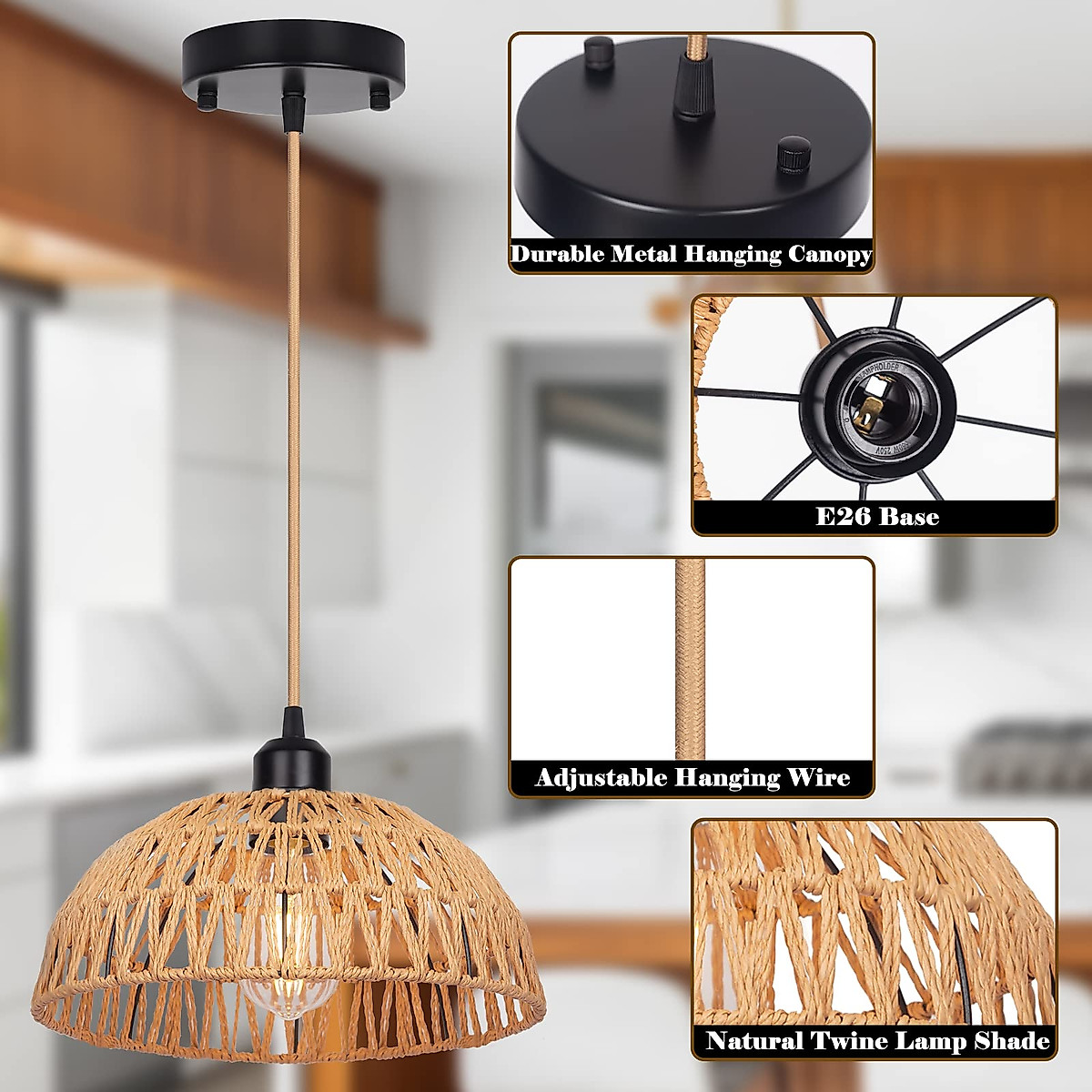 Yolsunes Rattan Pendant Light Fixtures 2 Packs, Boho Woven Basket Pendant Light, Handmade Wicker Hanging Lamp, Rattan Chandelier for Kitchen Island, Dining Room, Living Room, Bedroom, E26 Base