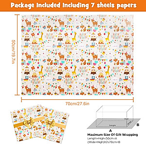 Birthday Wrapping Paper for Baby Kids Boys Girls, Animals Party Design Gift Wrapping Paper, Cute Animals 7 Sheets Folded Flat 20x28 inches per Sheet for Baby Shower Birthday Party