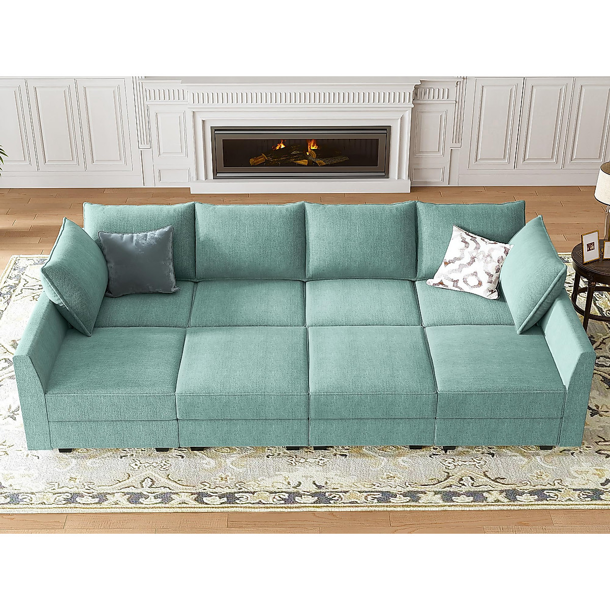 HONBAY Convertible Sleeper Sectional Sofa Modular Couch with Storage Seat Reversible Sectional Sleeper Couch with Modular Sectional Couch in Aqua Blue
