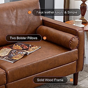 DIFY 77” Mid-Century Modern Loveseat Couch, Leather Faux Sofa with Two Upholstered Cushions, Comfortable Couch with Wooden Frame and 3 Seater, for Living Room, Bedroom, Office(Brown)
