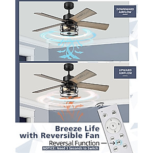 YOUKAIN Farmhouse Ceiling Fans, 48 Inch Industrial Ceiling Fan with Light and Remote Control, Clear Glass, 5-Reversible Blades with Matte Black/Wooden Finish, 52-YJ632