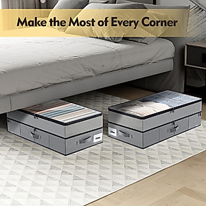 Supowin Large Under Bed Storage Containers, 2-Pack Double Layer Underbed Storage Bins with 3 Handles, 70L Extensible/Closed Clothes Storage Organizer with Sturdy Bottom Sidewalls, Dark Grey