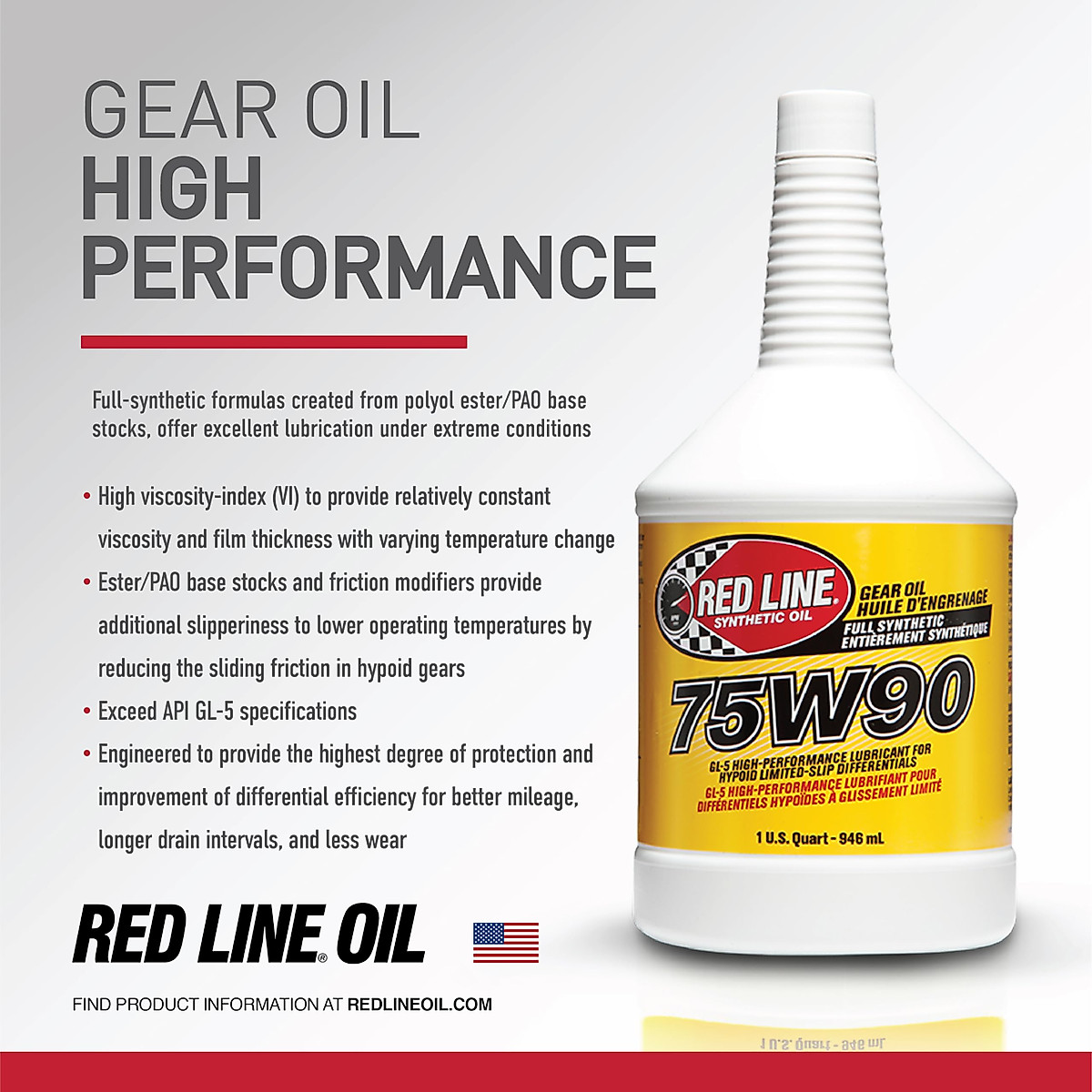 Red Line (57904) 75W90 GL-5 Synthetic Gear Oil for Hypoid Limited Slip Differentials - 1 Quart
