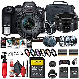 Canon EOS R6 Mirrorless Digital Camera with 24-105mm f/4L Lens (4082C012) + Canon EF 50mm Lens + Mount Adapter EF-EOS R + 64GB Tough Card + Color Filter Kit + Case + Filter + More (Renewed)