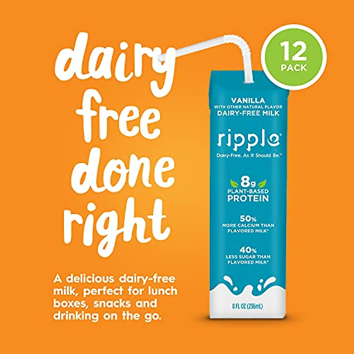 Ripple Vegan 8 oz Dairy-Free Milk, Vanilla (12 Pack) & Ripple Vegan 8 oz Dairy-Free Milk, Original (12 Pack) | 24 Pack