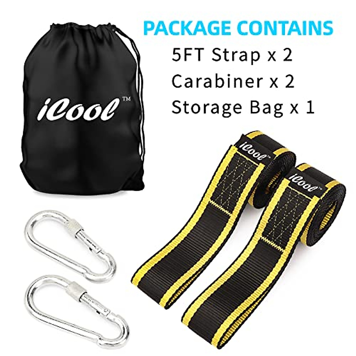 iCool Tree Swing Hanging Straps Kit, 5ft, Holds 2800lbs, Extra Long, with Safe Lock Snap Carabiners and Pouch, Perfect for Tree Swings and Hammock, Easy and Fast Installation