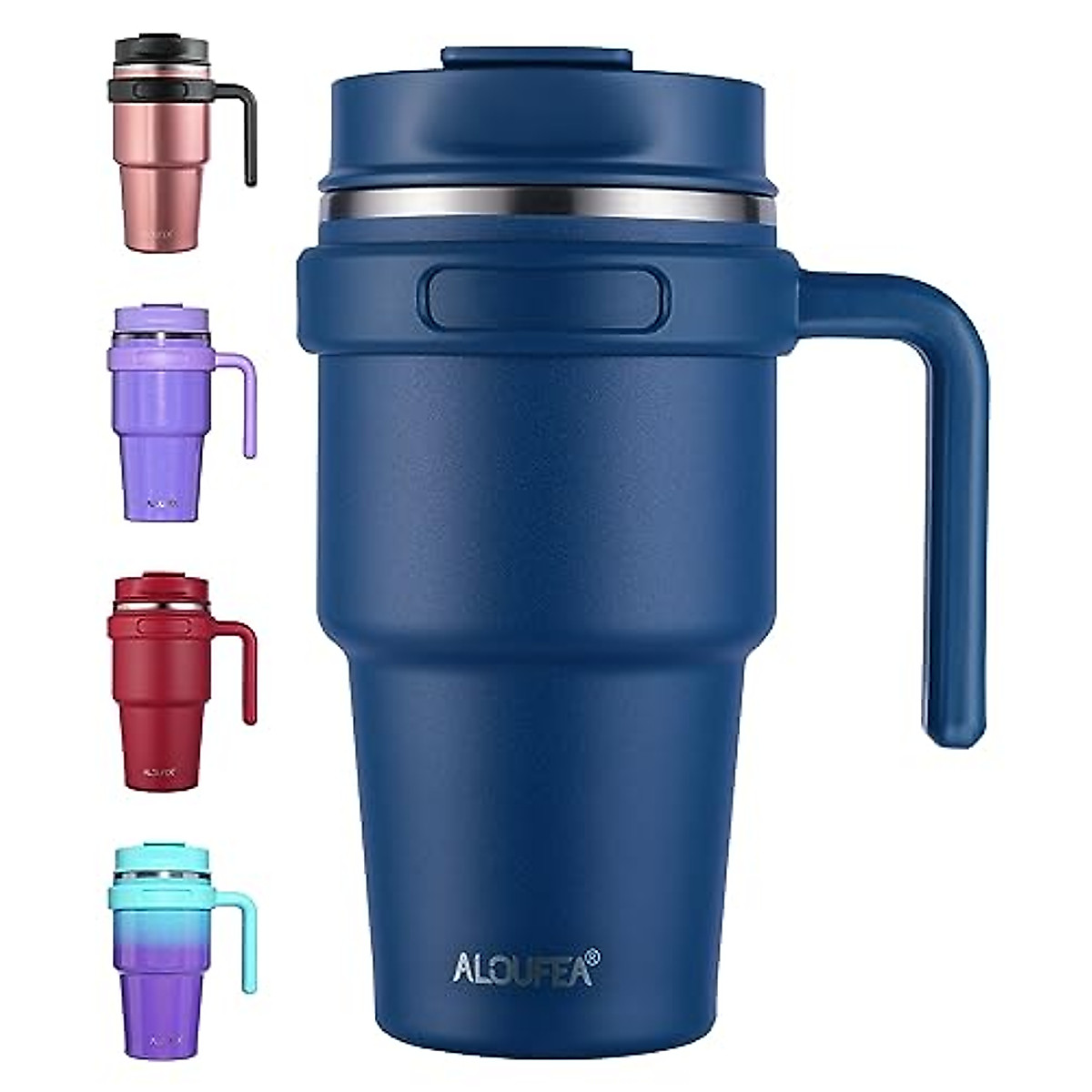 ALOUFEA 20 oz Insulated Coffee Mug Tumbler with Handle, Stainless Steel Travel Mug Tumbler with Lid and Straw,Double Wall Vacuum Leak Proof Ice Coffee Thermal Cup, Navy
