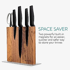 Navaris Wood Magnetic Knife Block - Double Sided Wooden Magnet Holder Board Stand for Kitchen Knives, Scissors, Metal Utensils - Walnut, 8.9 x 8.7 in