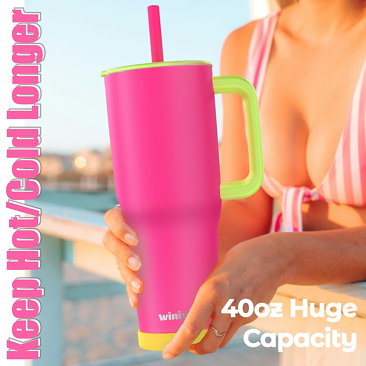 winiwo 40 oz Tumbler with Handle and Straw for Her, Flexible Straw, Insulated Tumbler Cups with Silicone Bottom, Keeps Beverages Cold Up to 24 Hours, Gym/Work/Travel/School/Gift（Ruby Red）