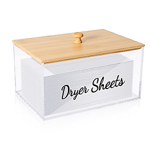 JYPS Acrylic Dryer Sheet Holder Container with Bamboo Lid for Laundry Room Decor Organization and Storage, Clean Dryer Sheet Detergent Pods Dispenser Box with Dryer Sheet Label
