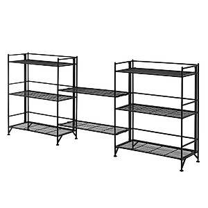 Convenience Concepts Xtra Storage 3 Tier Wide Folding Metal Shelves with Set of 2 Extension Shelves - Organizer for Living Room, Office, Bedroom, Garage, Kitchen, Bathroom, Black