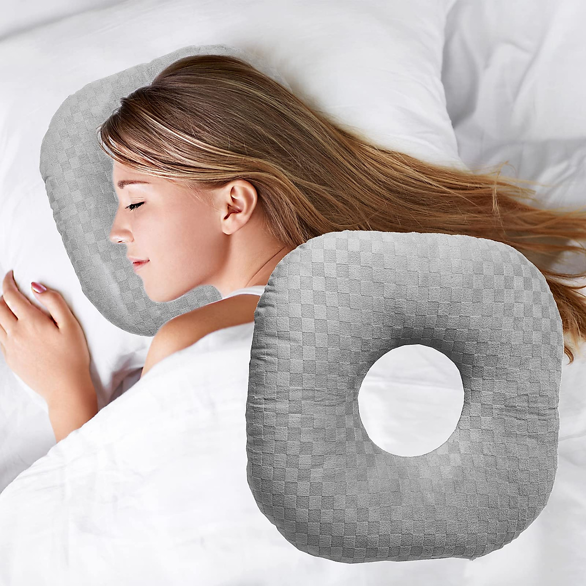 Wuronsa Ear Piercing Pillow for Side Sleepers with an Ear Hole for CNH and Ear Pain Ear Inflammation Pressure Sores, Cotton O-Shaped Side Sleeping Pillow, Ear Guard Pillow
