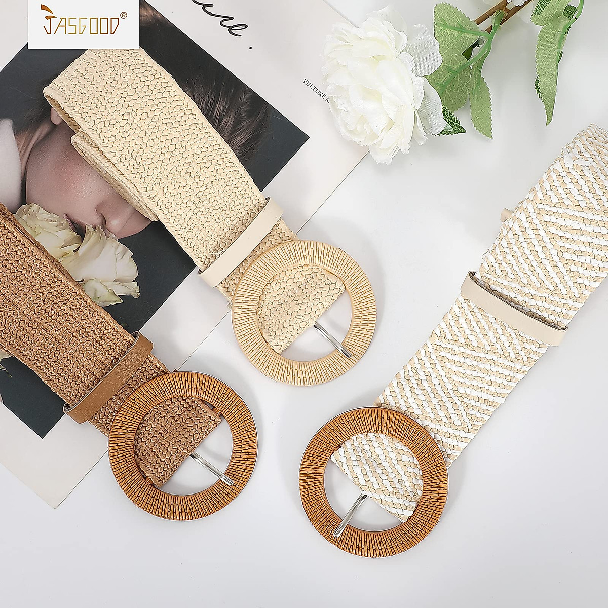 JASGOOD 3 Pack Straw Woven Belts Elastic Stretch Rattan Waist Belts Ladies Raffia Dress Belts with Large Buckle(Beige+Strip+Light Brown,Waist Size Below 30 inch)