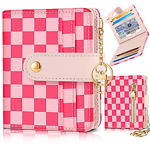 Bistup Wallet for Women Cute Bifold Small Card Wallet Rfid with Keychain for Ladies Teen Girls Female Medium Girly Aesthetic Thin Slim Checkered Plaid Unique Pretty Leather Credit Card Holder Purse