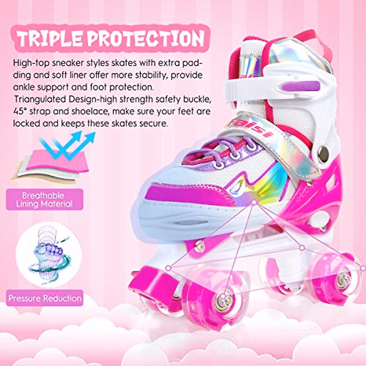 Roller Skates for Girls Boys Kids, Black Pink Purple 4 Sizes Adjustable Kids Roller Skates with Light up Wheels and Shining Upper Design, Roller Skates for Toddler Kids Ages 4-13