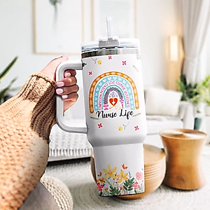 99OWL Nurse Gifts, Tumbler 40 Oz With Handle Lid And Straw, Nurse Rainbow Color, Engraved Nursing Cups Straws Funny Cup Nurses Tumblers Flower Handle Student Travel Coffee Week Er