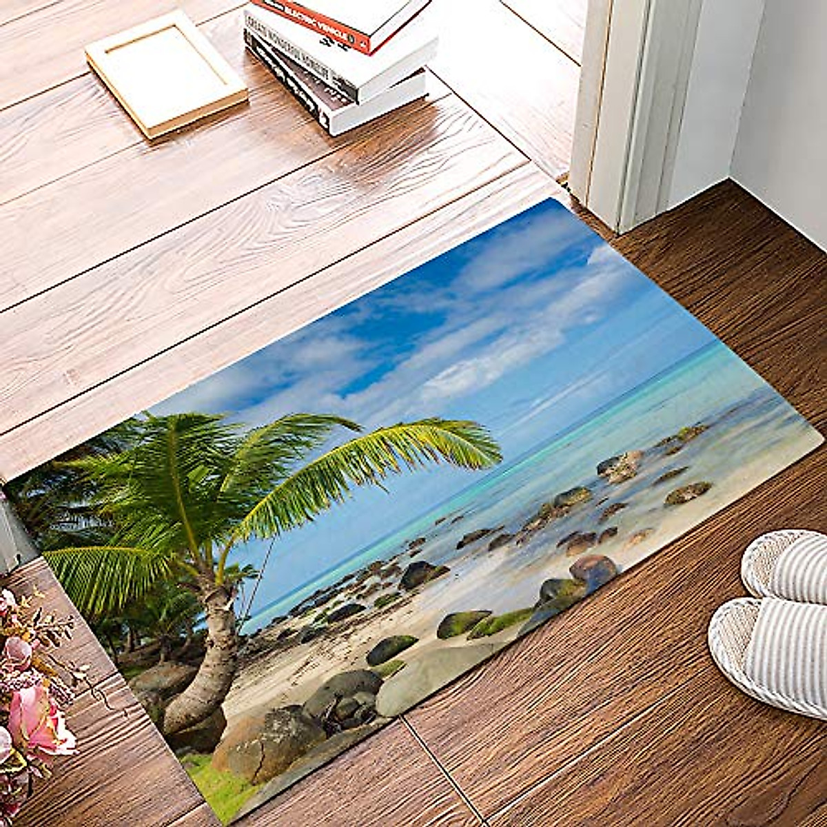 Bathroom Mat Palm Tree Beach Sea Cloud Blue Sky Island Reef Stone Low-Profile Indoor Welcome Mat Non Slip Entrance Door Rug for Entry,Front Door,18"x30"