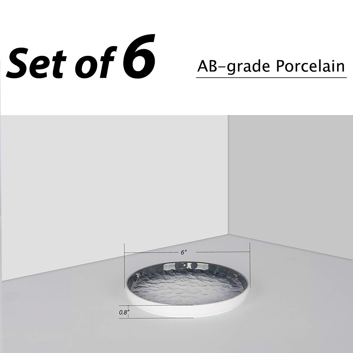 Aquiver 6'' Ceramic Dessert Plates - Porcelain Water Wave Relief Texture Appetizer Plates - Tea Party Small Serving Plates for Cake, Pie, Snacks, Ice cream, Side dish, Waffles, Set of 6 (3 Colors)