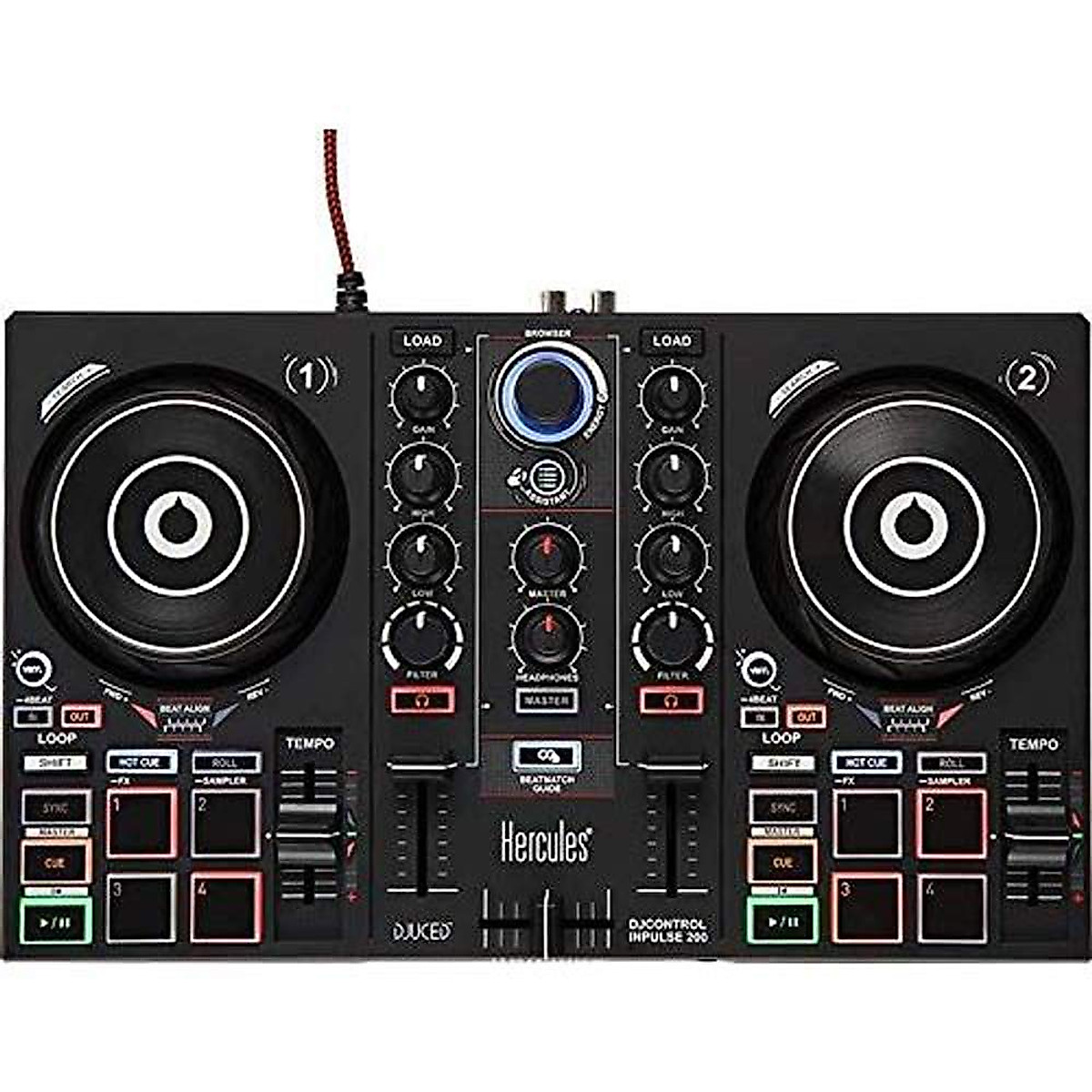 HERCULES AMS-DJC-INPULSE-200 DJControl Inpulse 200 2-Channel DJ Controller for DJUCED Bundle with Bytech Stereo Headphones DJ Style Headset (White)