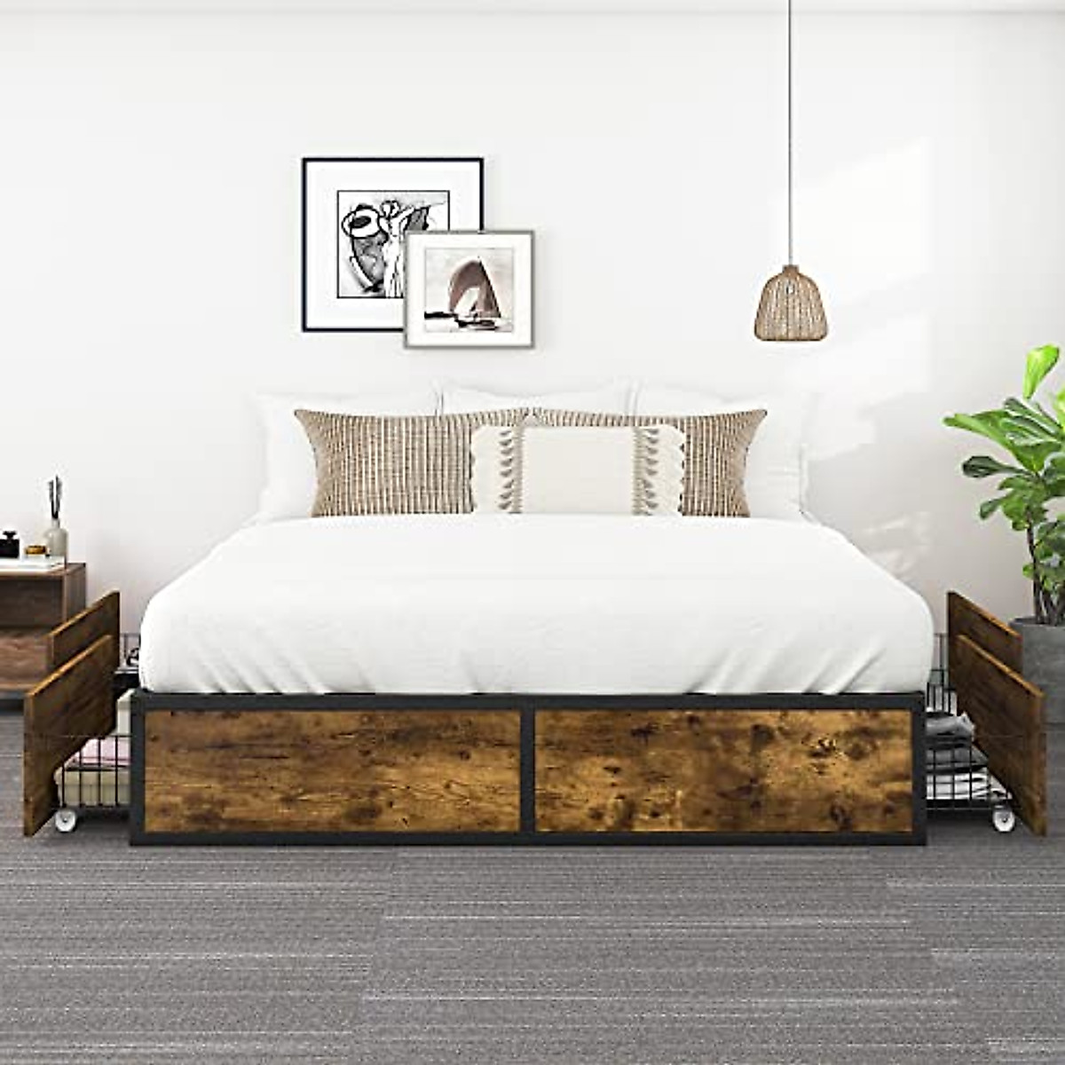 IMUsee Queen Size Bed Frame with 4 Large Storage Drawers, Heavy Duty Metal Platform Queen Bed Frame with 13 Strong Metal Slats Support, Wooden Board Decor, No Box Spring Needed, Noise Free