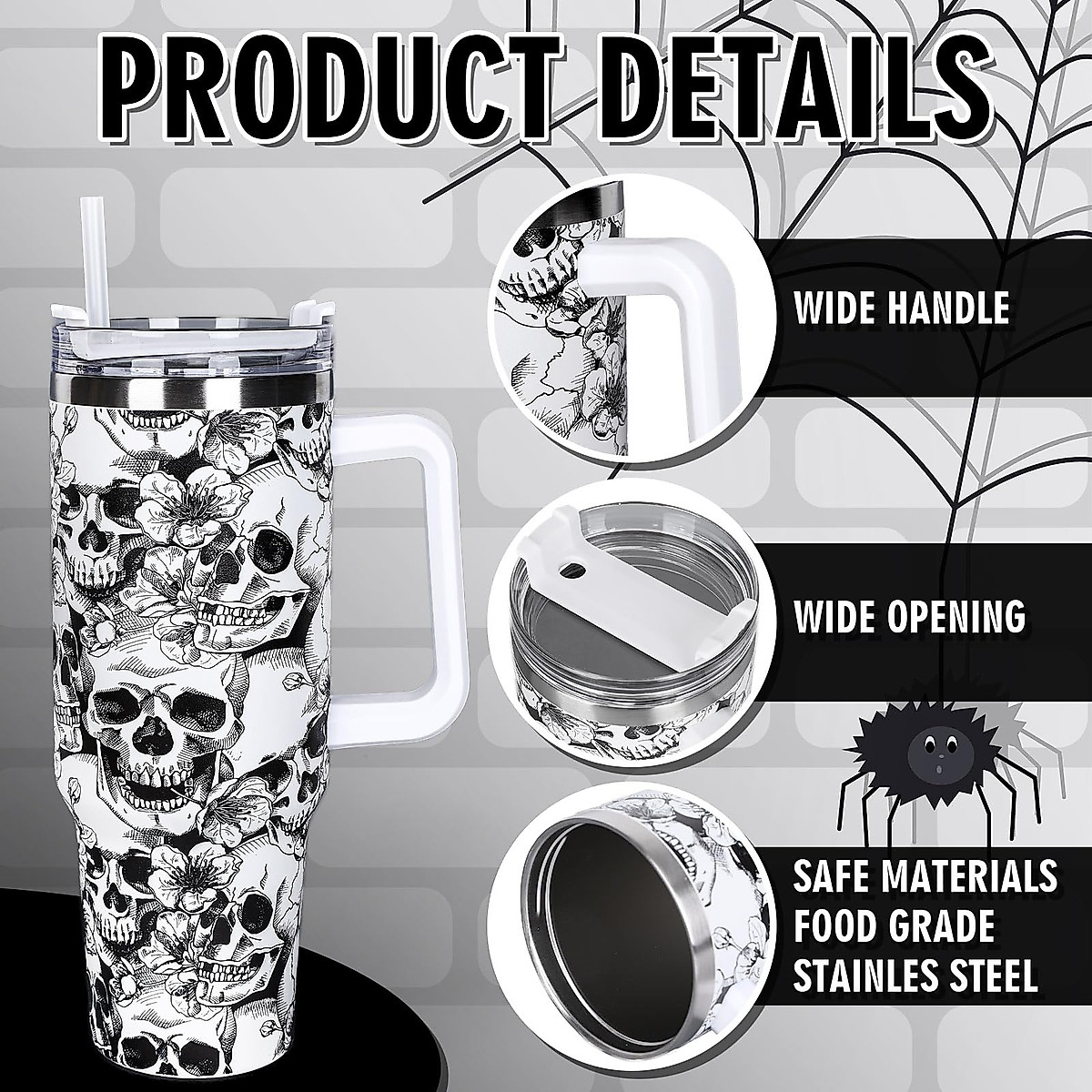Whaline 40oz Halloween Tumbler with Straw and Lid Skull Travel Coffee Tumbler Cup with Handle for Trick or Treat Birthday Party Gifts