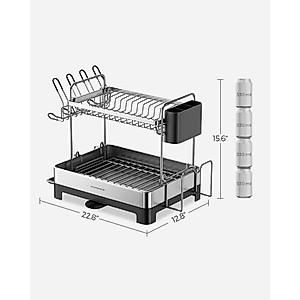 SONGMICS Dish Drying Rack - 2 Tier Dish Rack for Kitchen Counter with Rotatable and Extendable Drain Spout, Dish Drainer with Utensil, Cup, Glass, Cutting Board Holders, Black UKCS032B01