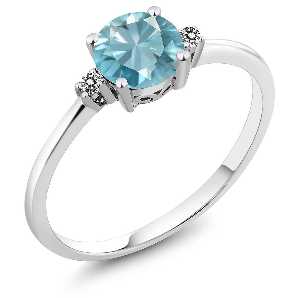 Gem Stone King 10K White Gold Blue Zircon and White Diamond Solitaire Engagement Ring For Women (1.23 Cttw, Round 6MM, Gemstone Birthstone, Size 6)