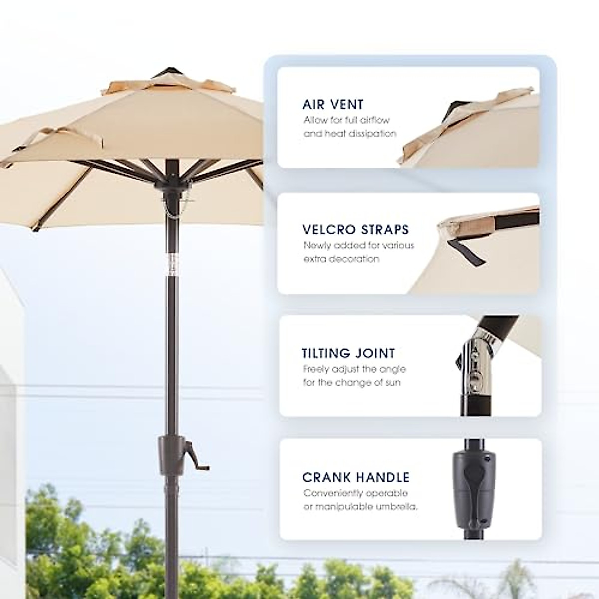 BLUU MAPLE 9FT Olefin Patio Umbrella Outdoor Table Umbrellas, 36 Month Fade Resistance Olefin Canopy, Market Center Umbrellas with 8 Strudy Ribs & Push Button Tilt for Garden, Lawn & Pool, Beige