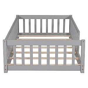 Twin Size Montessori Floor Bed for Kids,Twin Floor Bed Frame with Slats,Solid Wood Twin Bed Frame for Girls Boys,Grey