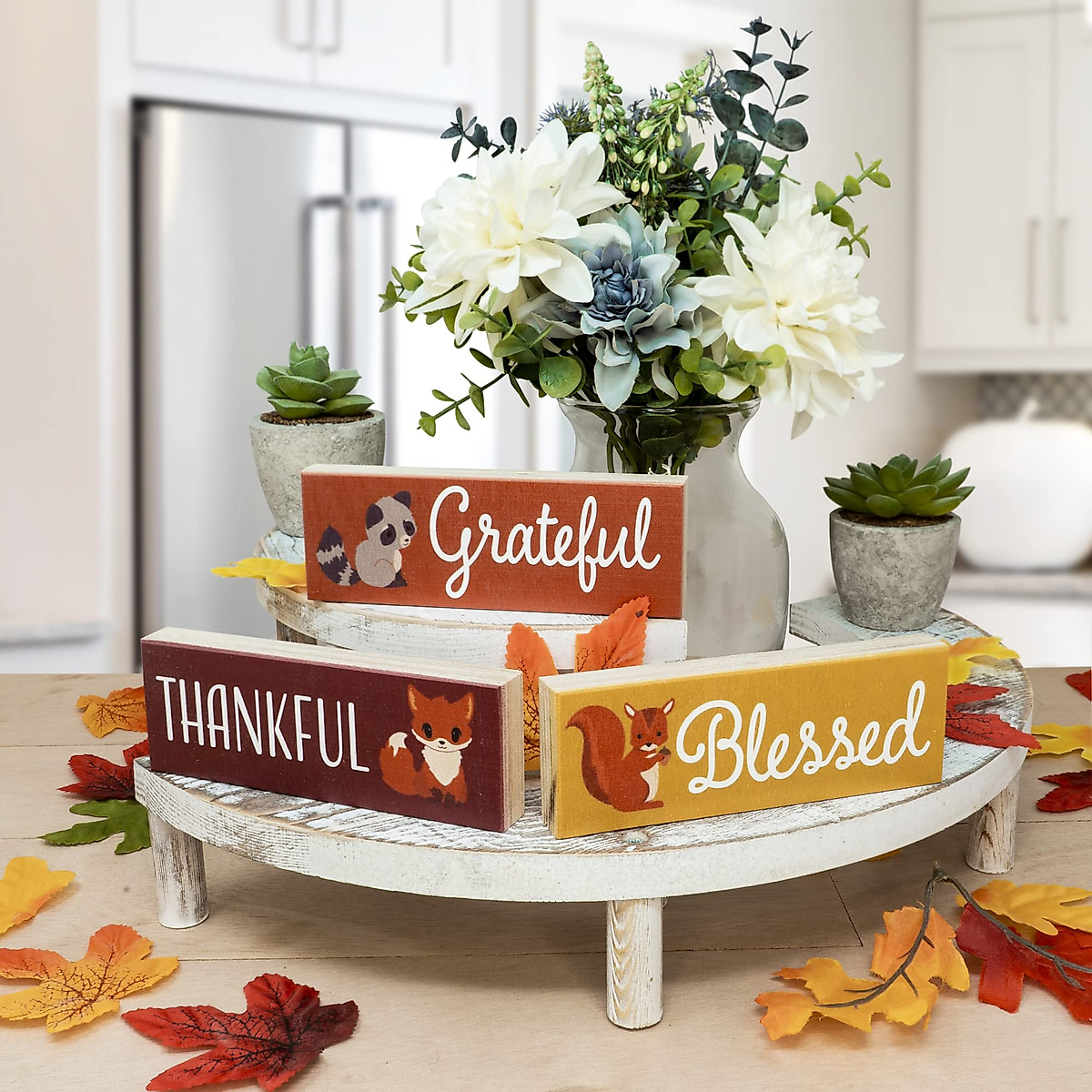 Fall Decorating Grateful Thankful Blessed Wood Block Signs – 3-Piece Fall Decor Set, Thanksgiving & Friendsgiving Decorations, Autumn Tiered Tray Accents